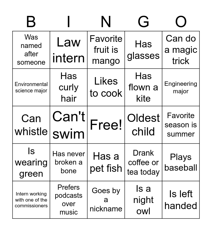 2025 Intern Bingo Card