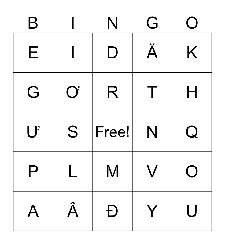 Vietnamese Alphabet Bingo Card