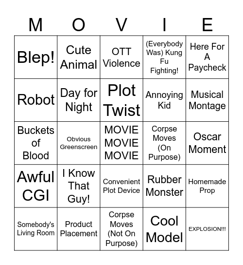 Bad Movie Bingo Card