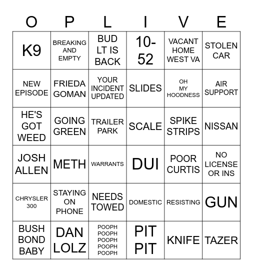 ON PATROL LIVE Bingo Card