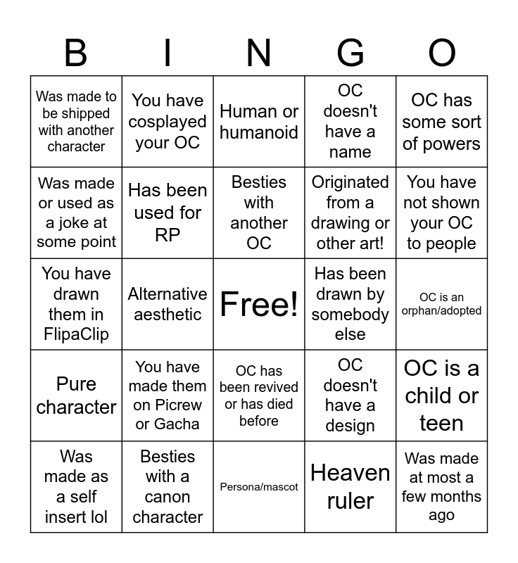 Lucymations OC Bingo Card