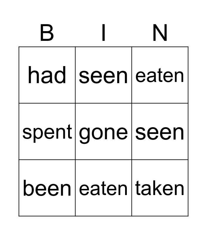 Present Perfect Bingo Card