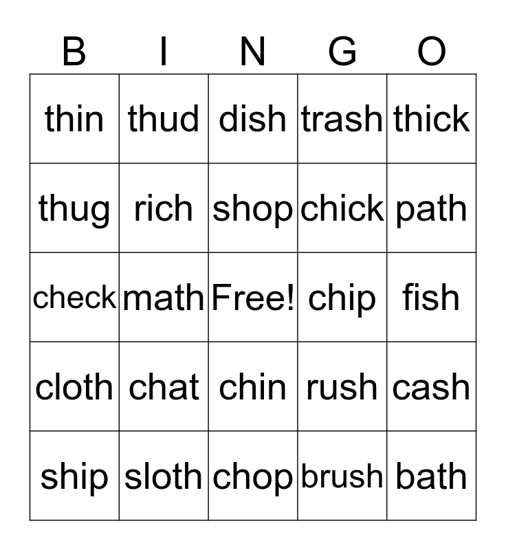Ch, Sh and Th Bingo Card