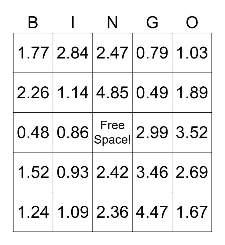 Dividing Decimals Bingo Card