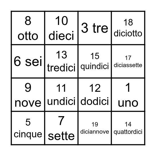 ITALIAN NUMBERS 1 - 20 Bingo Card