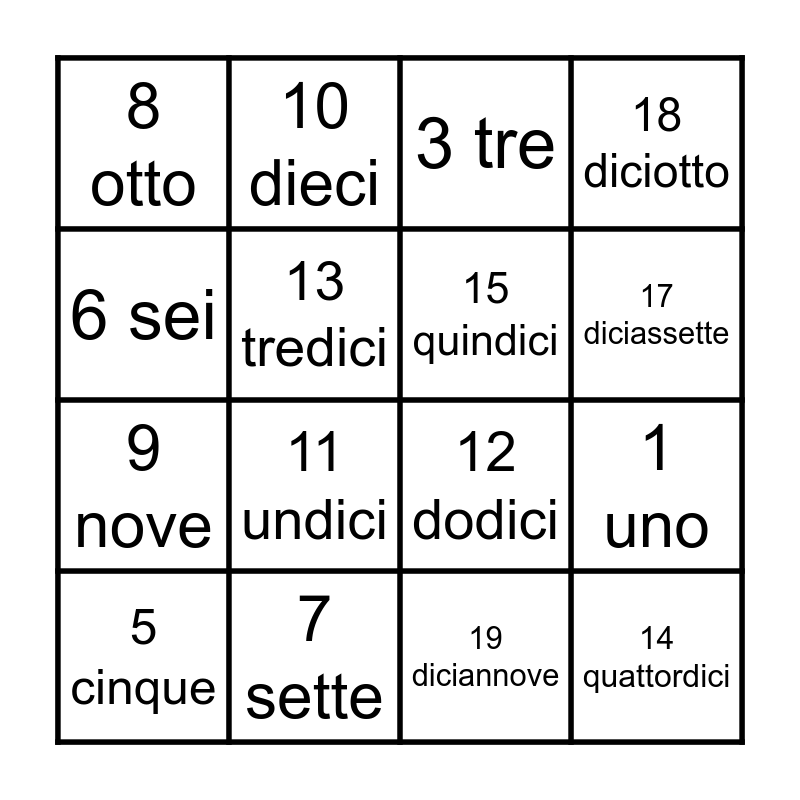 ITALIAN NUMBERS 1 - 20 Bingo Card