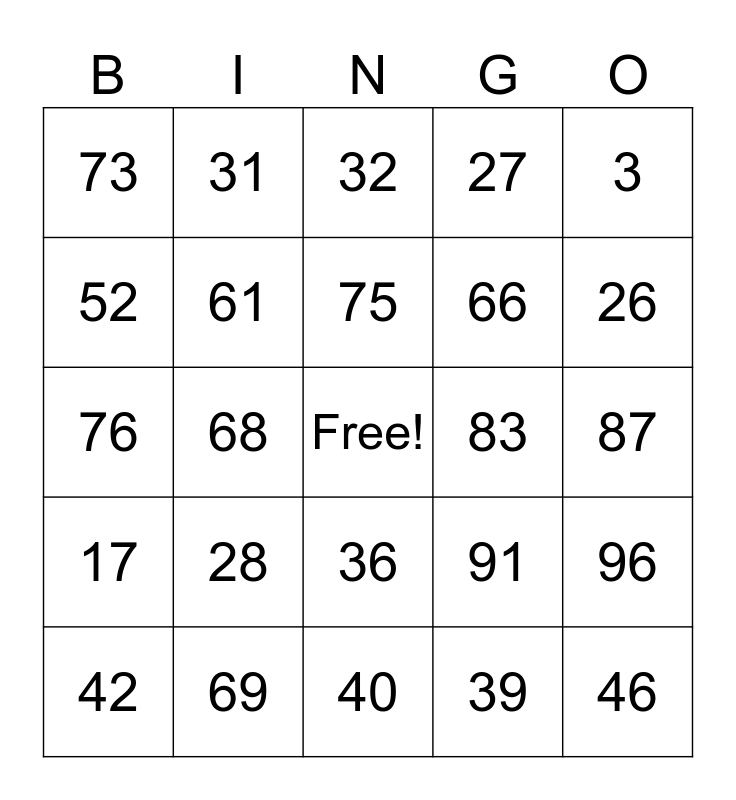 Numbers 1-100 Bingo Card