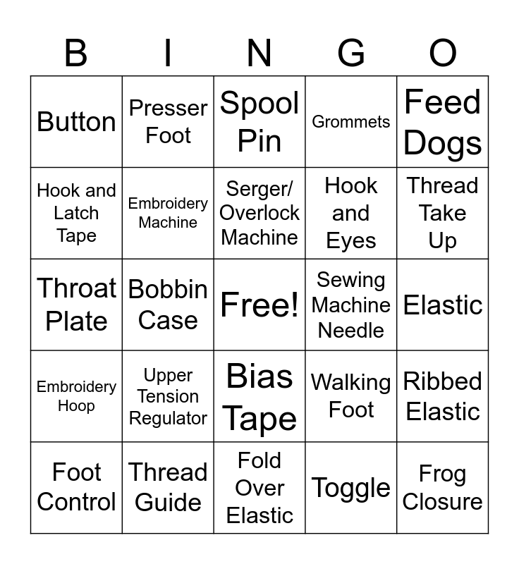 FCS Skillathon - Sewing Machine Parts/Trims and Fasteners Bingo Card