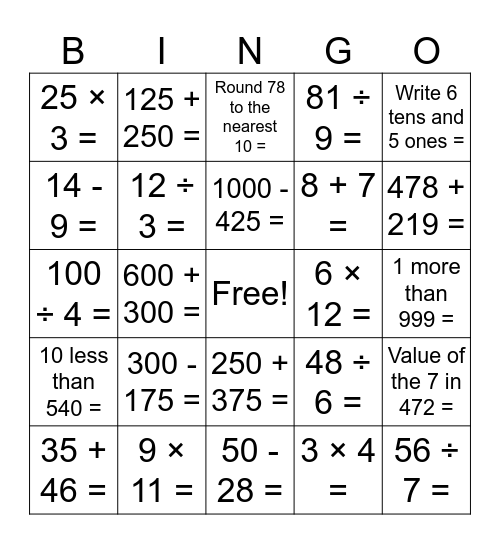 Math Bingo Card