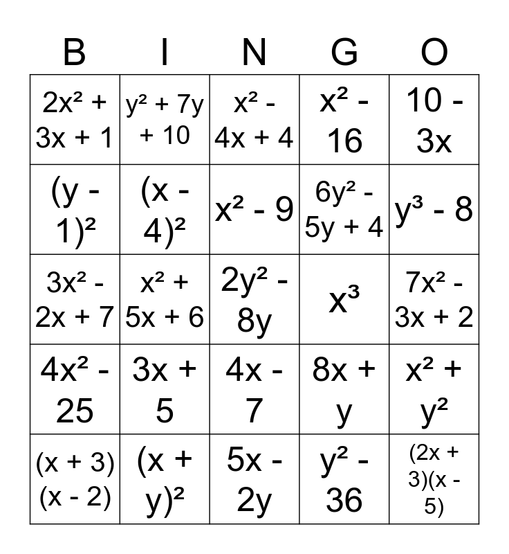 Algebraic Expression Bingo Card