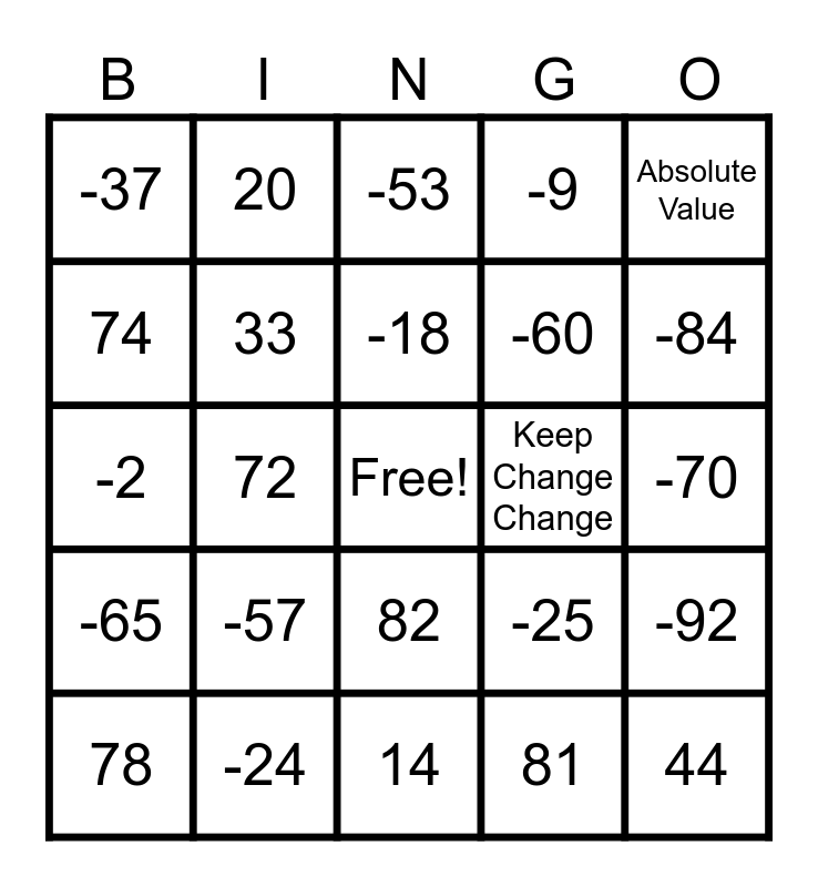 Operation with Integers Bingo Card