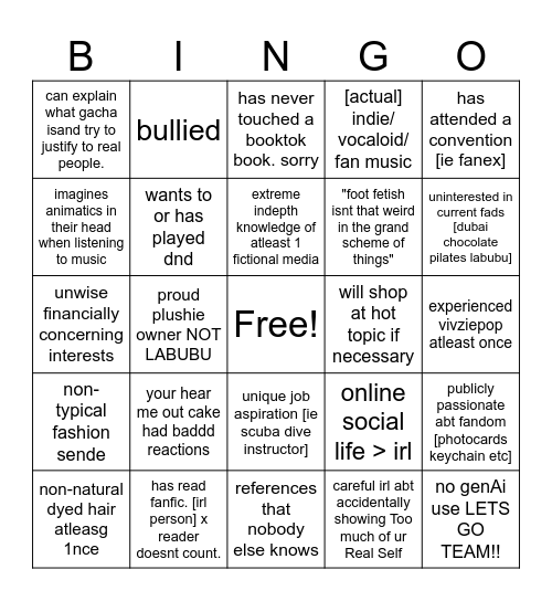 weirdo freak Bingo Card