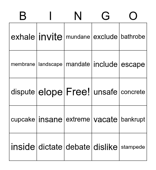 Magic E Bingo Card