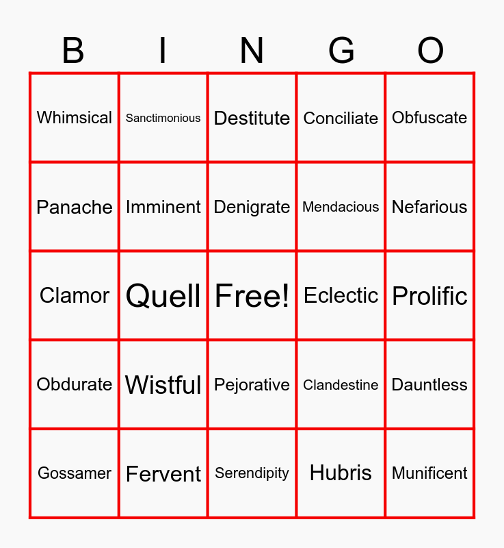 Synonym Bingo Card