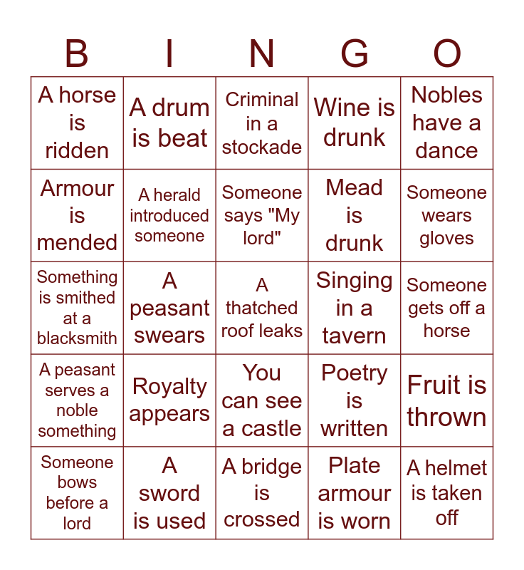 Medieval Bingo Card
