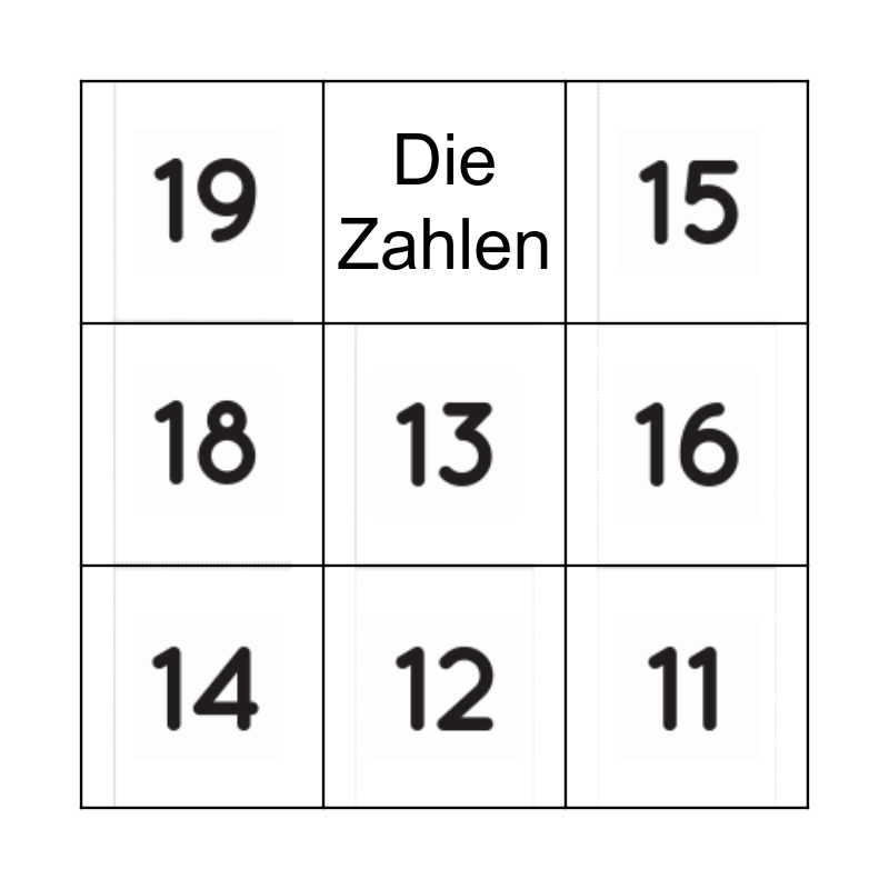 Die Zahlen 11 - 20 Bingo Card
