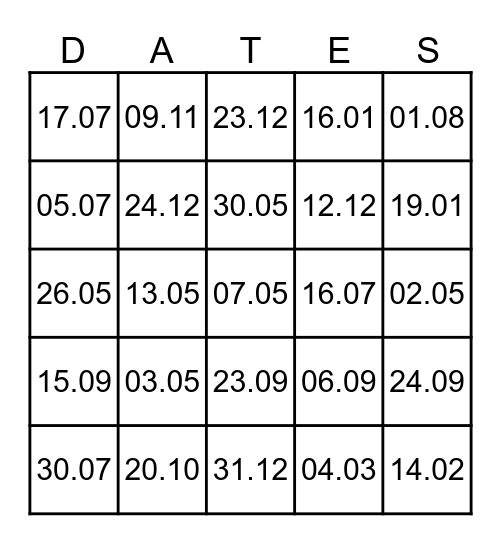 Dates! Bingo Card