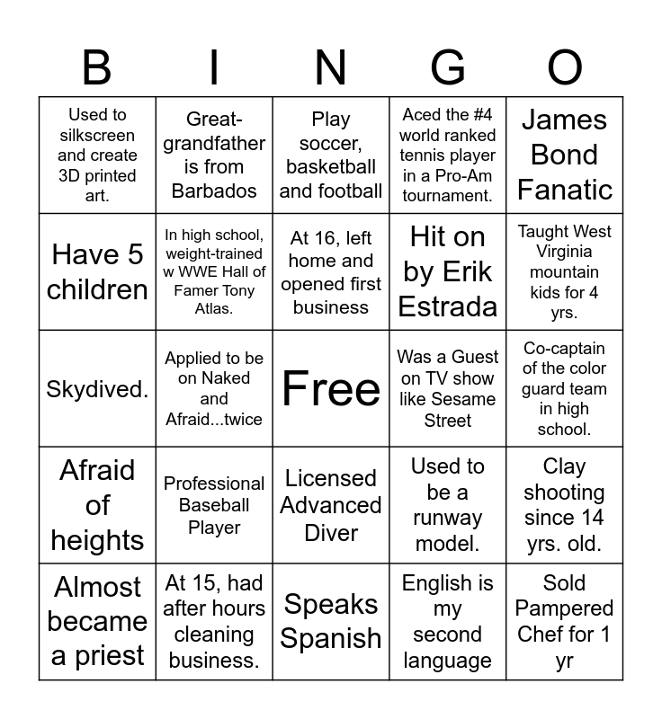 BNI Business Connections - Fun Fact BINGO Card