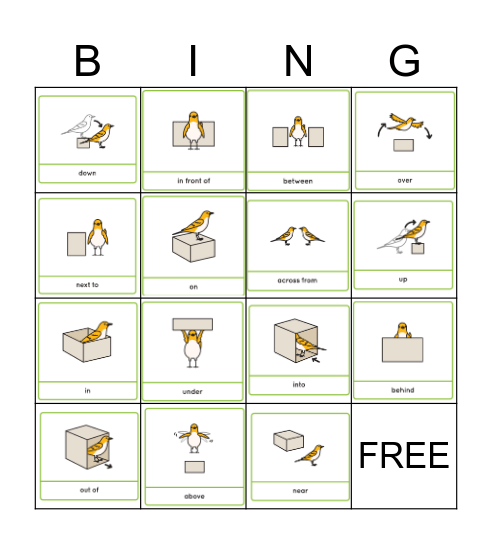 Prepositions Bingo Card