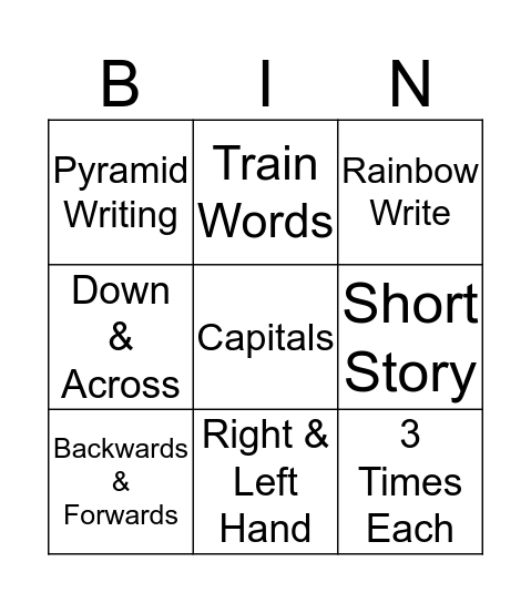Spelling Homework BINGO Card
