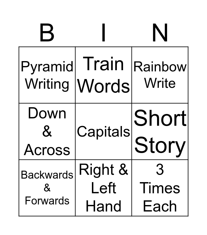 Spelling Homework BINGO Card