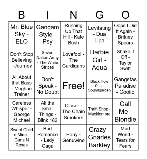 Post Modern Jukebox Bingo Card