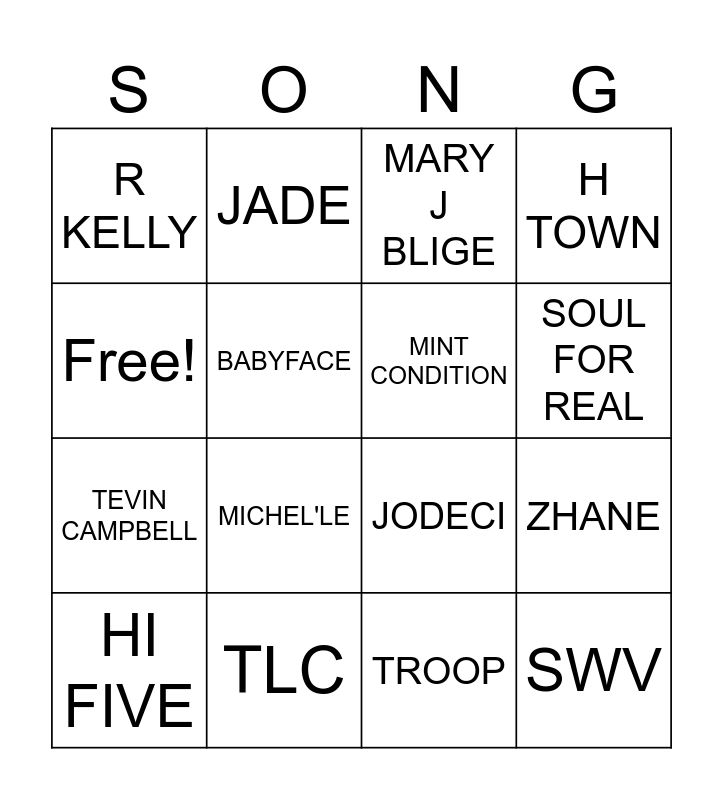 BEATS AND BINGO 90'S MUSIC Bingo Card