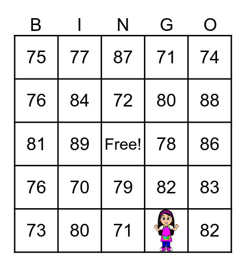 Numbers 70-89!!! Bingo Card