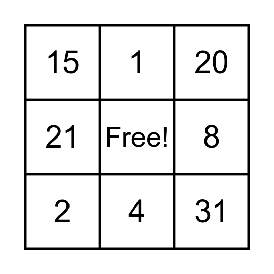 Number Bingo 1-25 Bingo Card