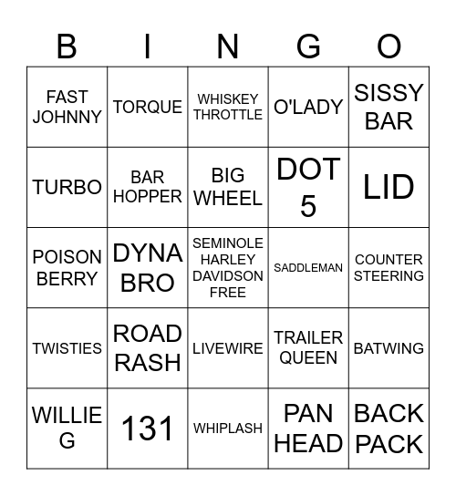 SEMINOLE BIKER LINGO BINGO Card