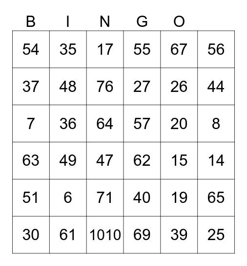 Number Bingo 1-80 Bingo Card
