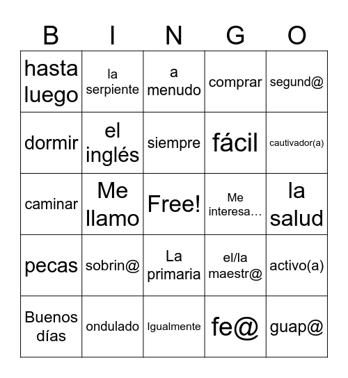 Español 1 Bingo Card