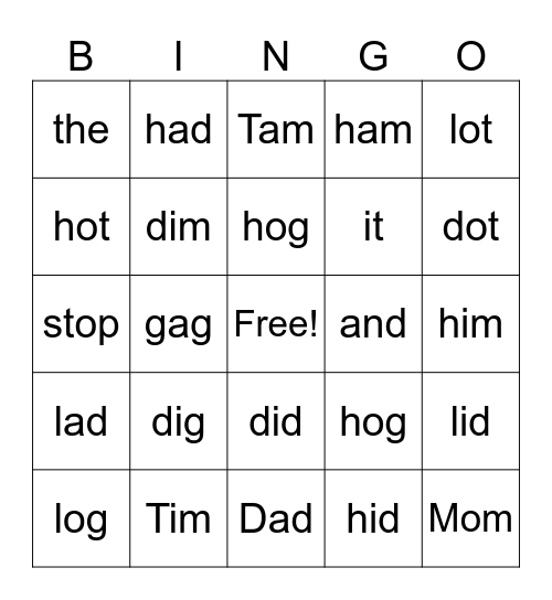 Short i, a, o Bingo Card