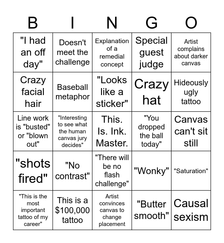 Ink Master Bingo Card