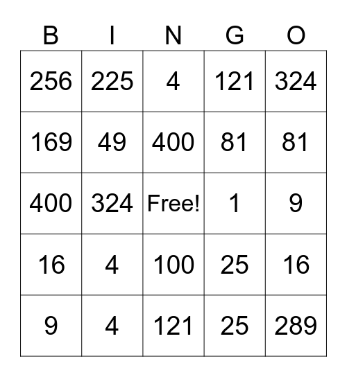 Perfect Square Bingo Card