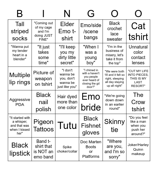 EMO NIGHT BK Bingo Card