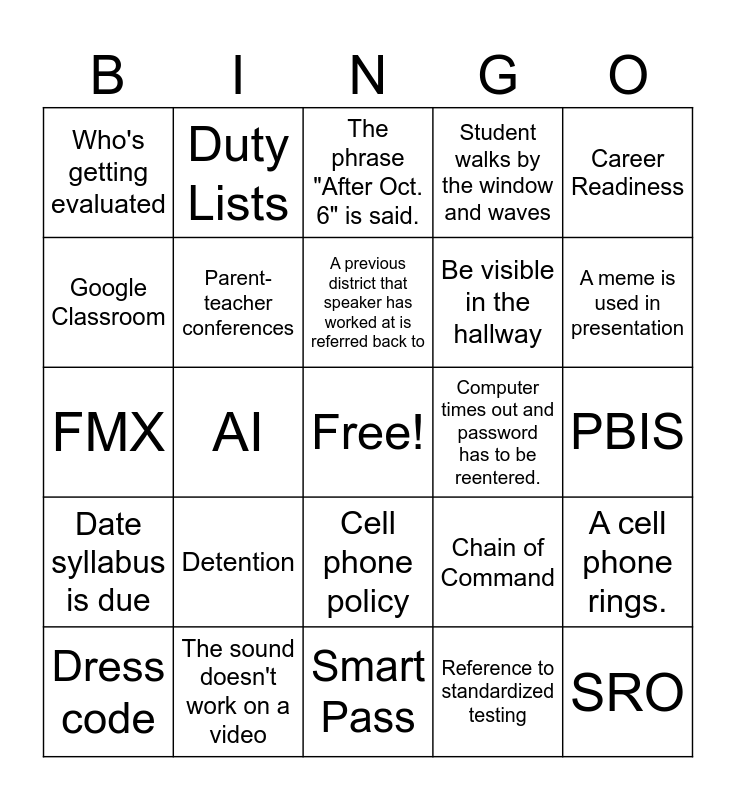 Staff Meeting Bingo Card