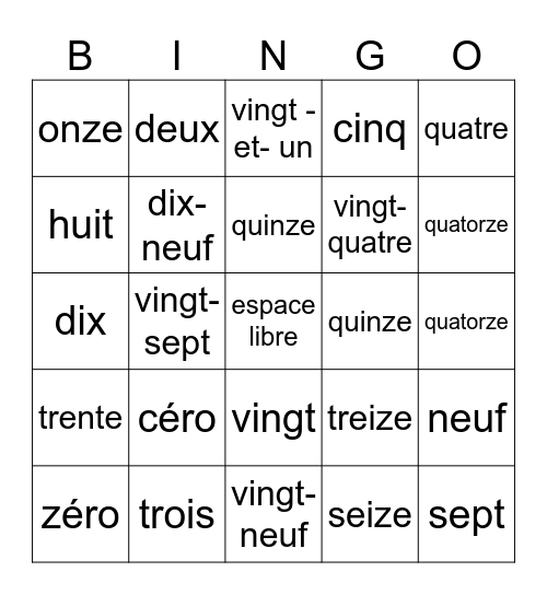 Les Nombres Bingo Card