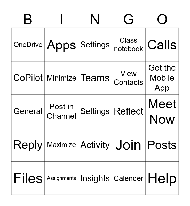MS Teams Bingo Card