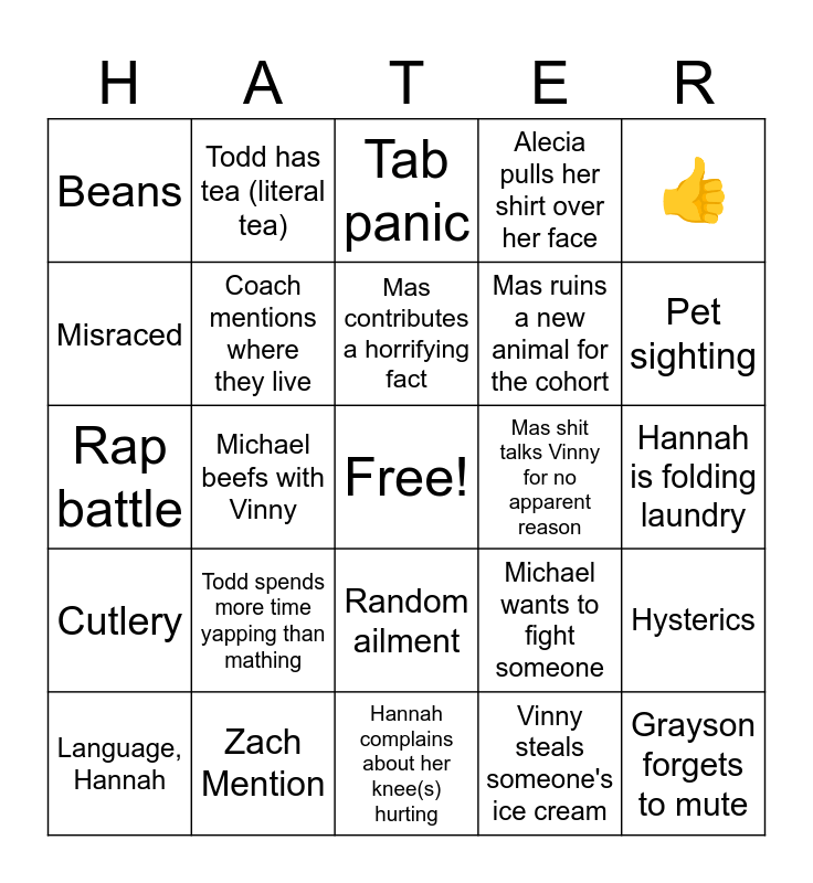 Haters' Bingo Card