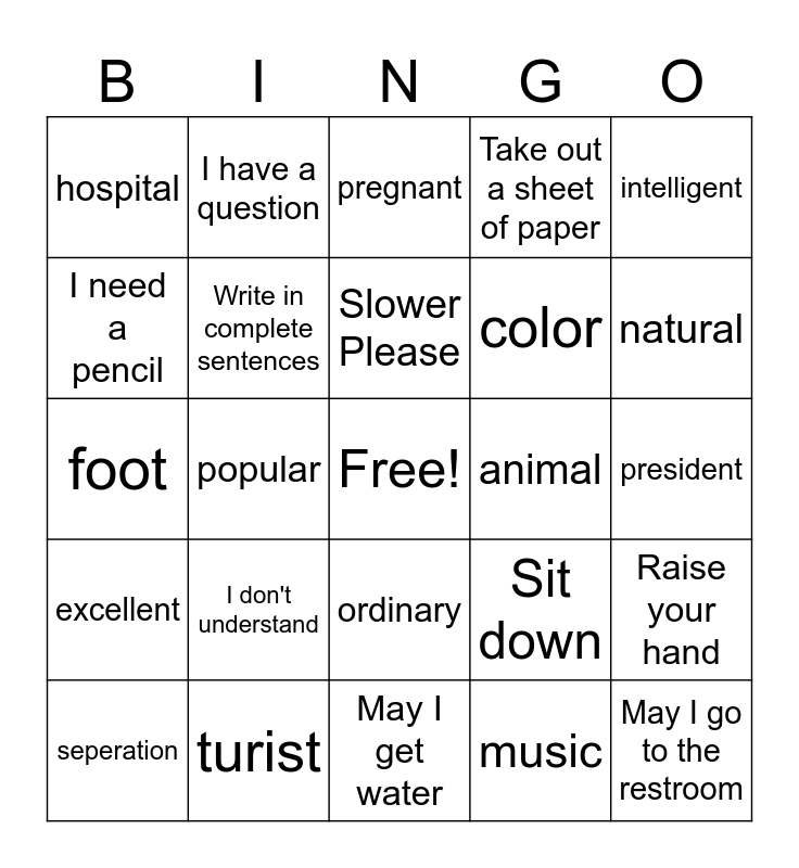 Classroom Phrases and Cognates Bingo Card