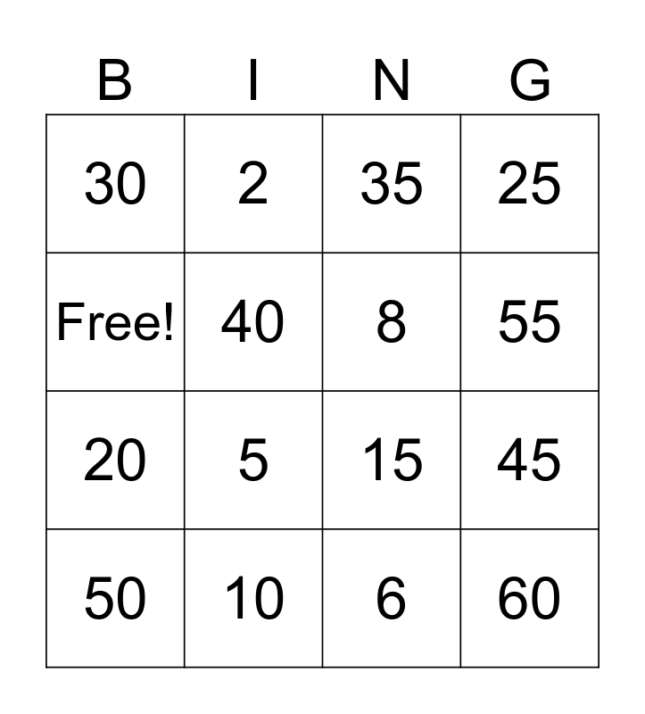 Multiples of 5 Bingo Card
