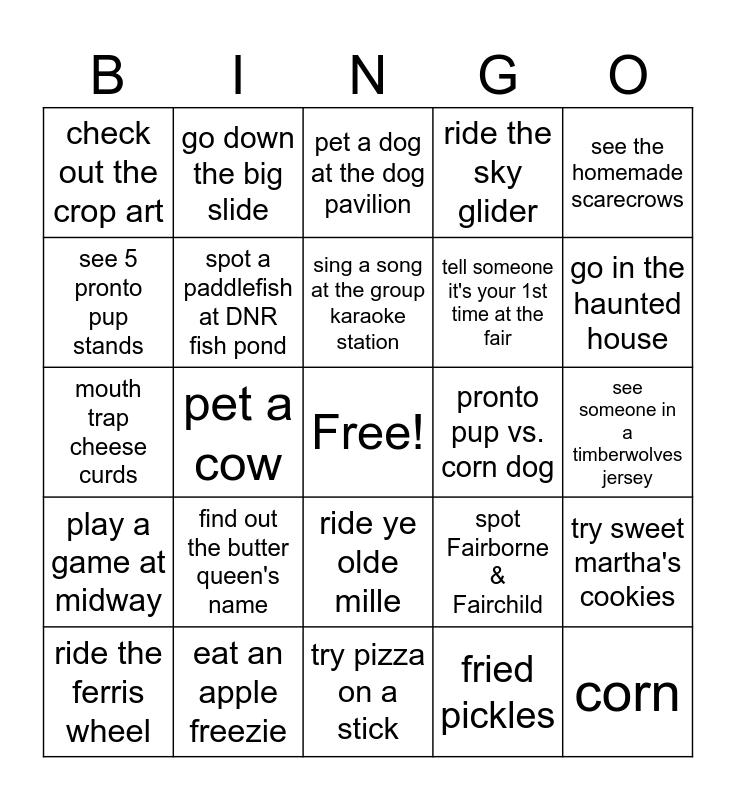 State Fair Bingo Card