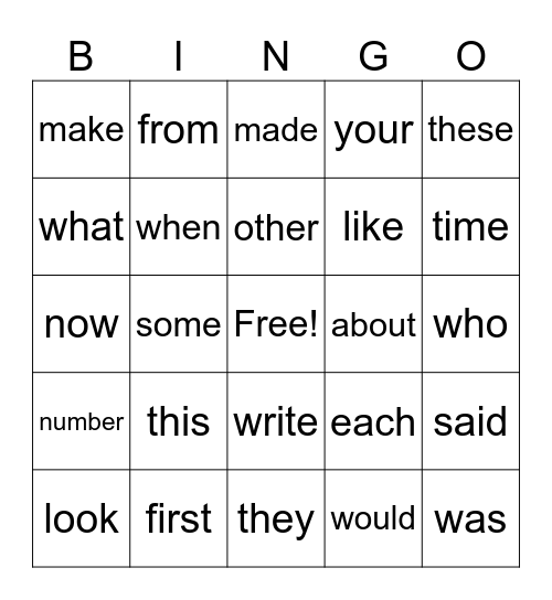 Sight Words Bingo Card