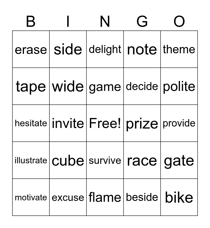 silent e 1 Bingo Card