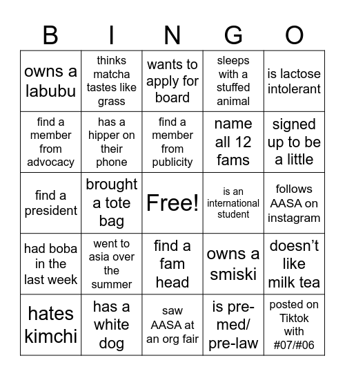 Freshman Transfer Mixer Bingo! Bingo Card