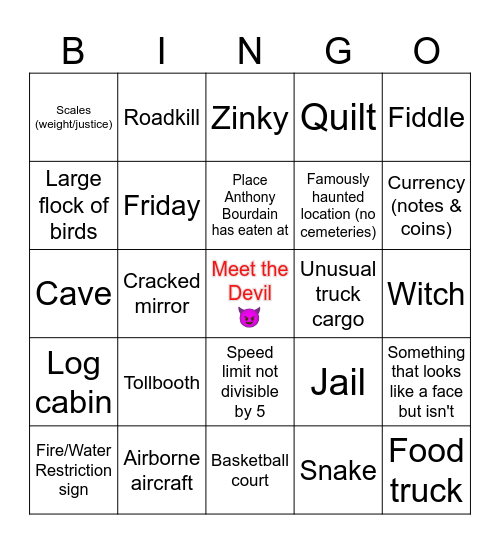 EVIL Roadtrip Bingo Card