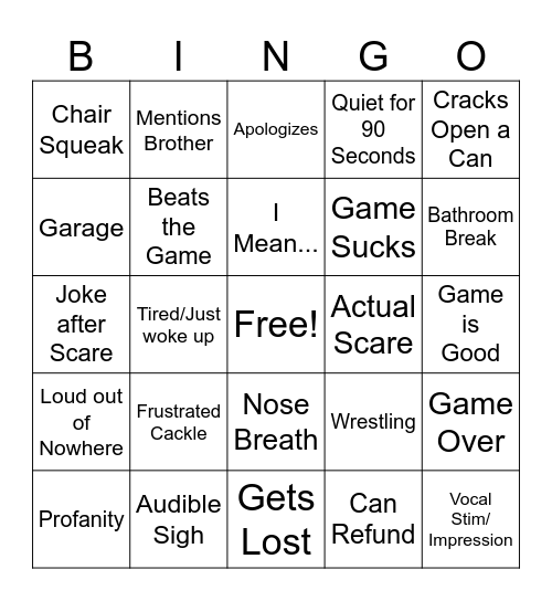Jacob Horror Game Bingo Card