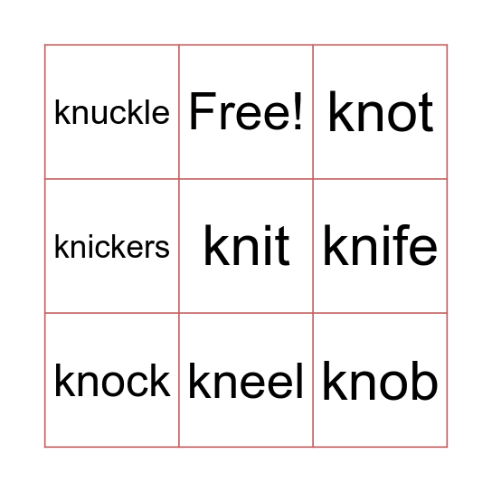 Silent Letter -k Bingo Card
