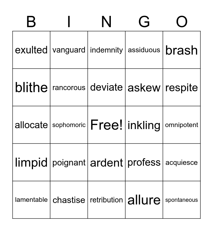Sadlier Level E Units 9 & 10 Vocabulary Bingo Card